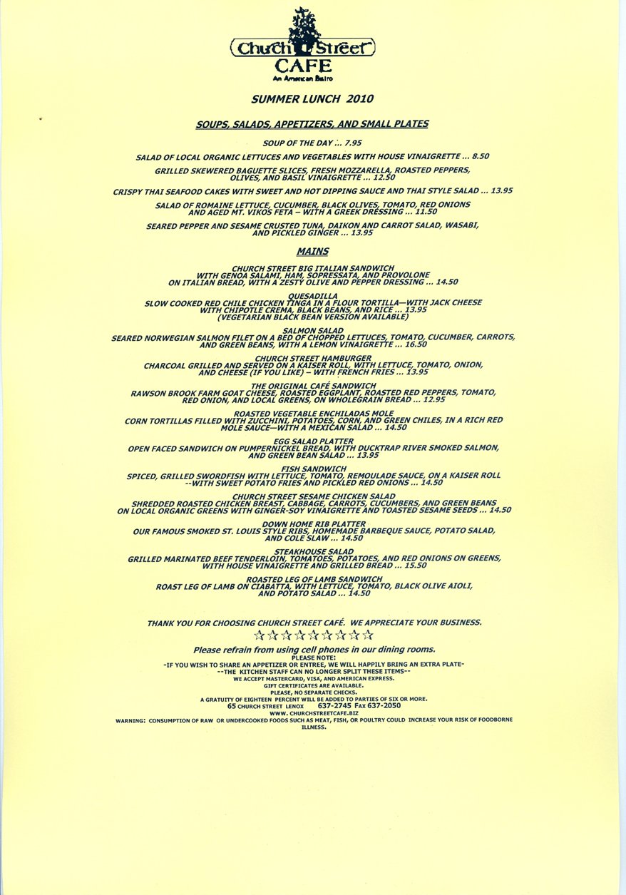 BerkshireMenus.com - Church Street Cafe