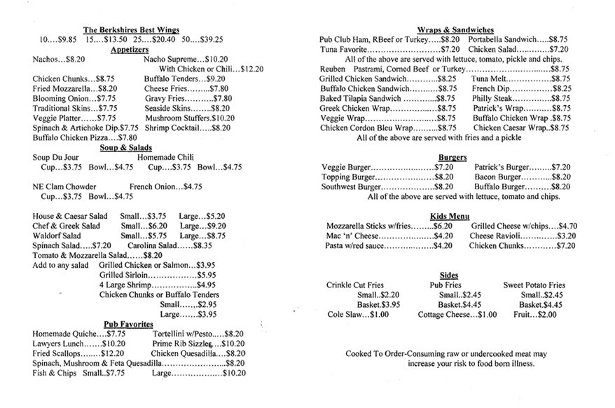 BerkshireMenus.com - Patrick's Pub